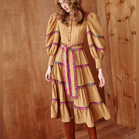 CeliaB | Dresses | Celia B Embroidered Tan Midi Dress Puff Sleeves ...